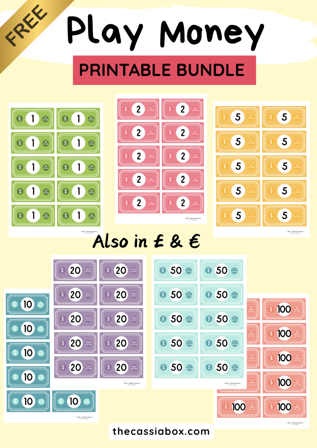 Play Money FREE Printable - Dollars, Pounds and Euros - The Cassia Box